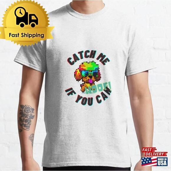 Tops | Catch Me If You Can Woof Fun Pixel Art Of Dog Distraction ...